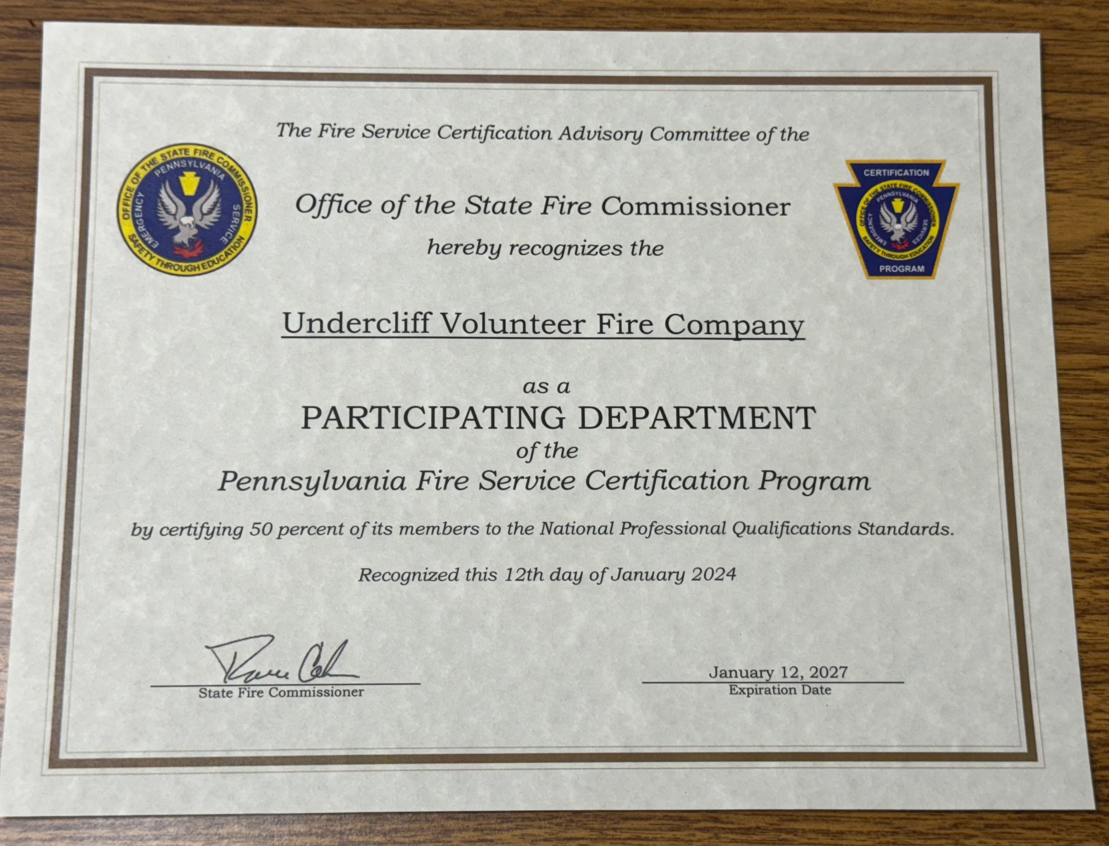 UNDERCLIFF VFC RECEIVES BRONZE AWARD – Undercliff VFC